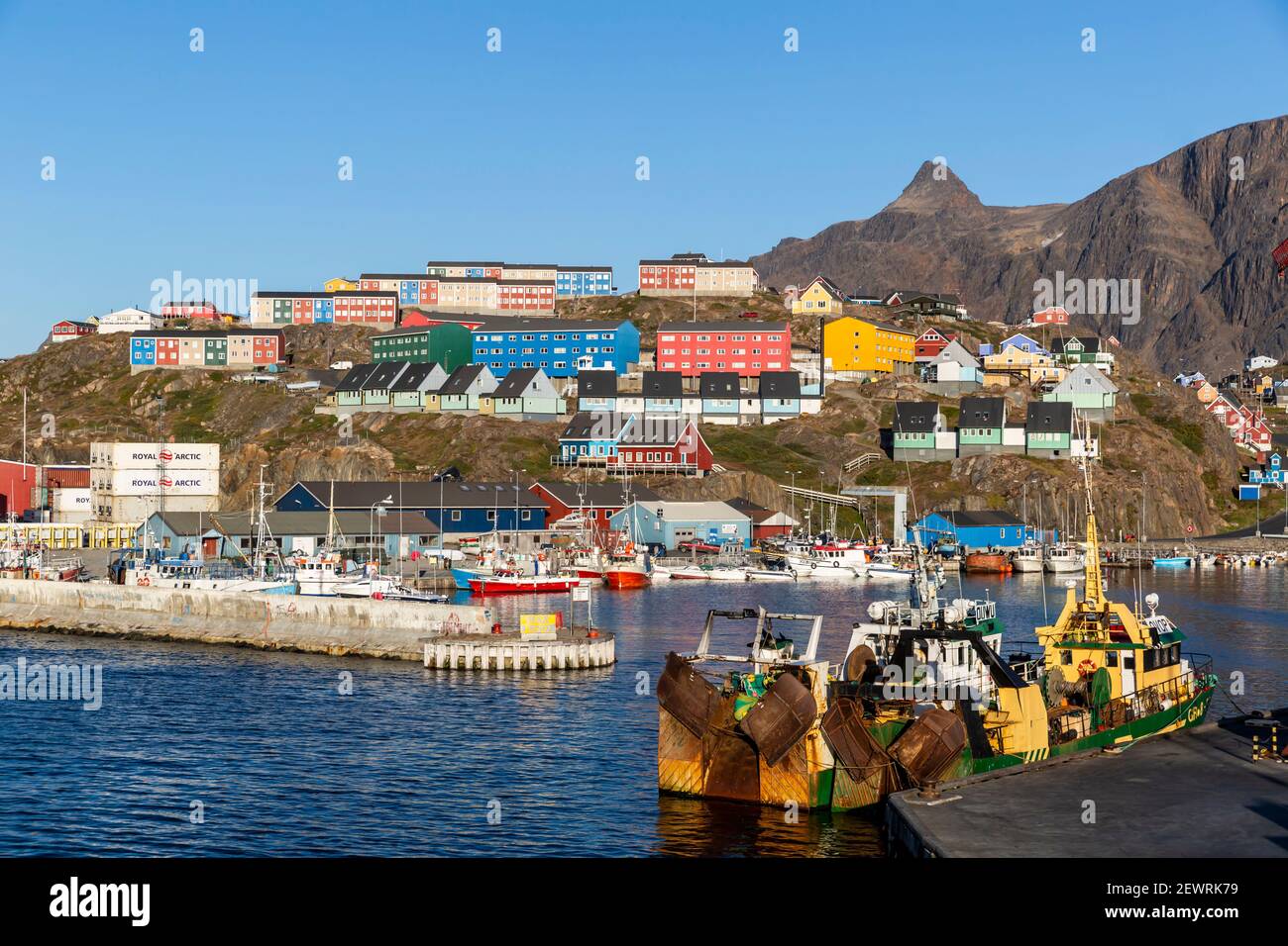 The harbor in Sisimiut, in Danish Holsteinsborg, on Davis Strait, the ...