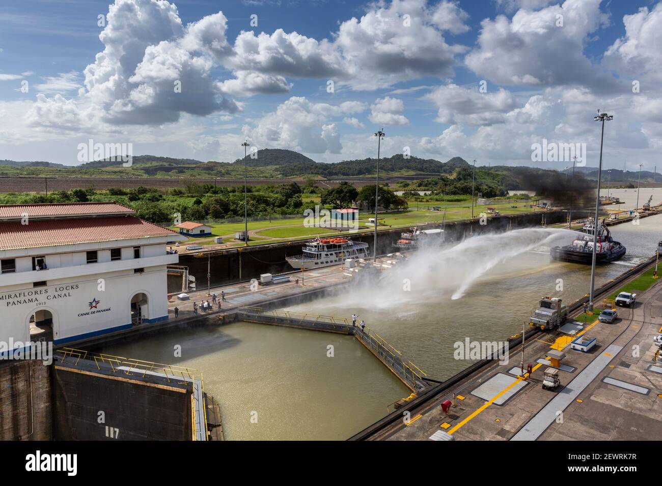 Ships in transit in the Miraflores Locks towards Lake Gatun, near ...