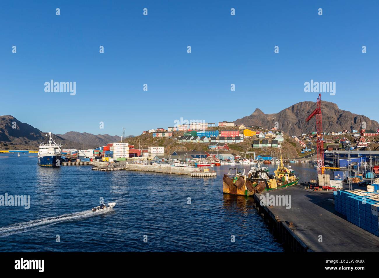 The harbor in Sisimiut, in Danish Holsteinsborg, on Davis Strait, the ...