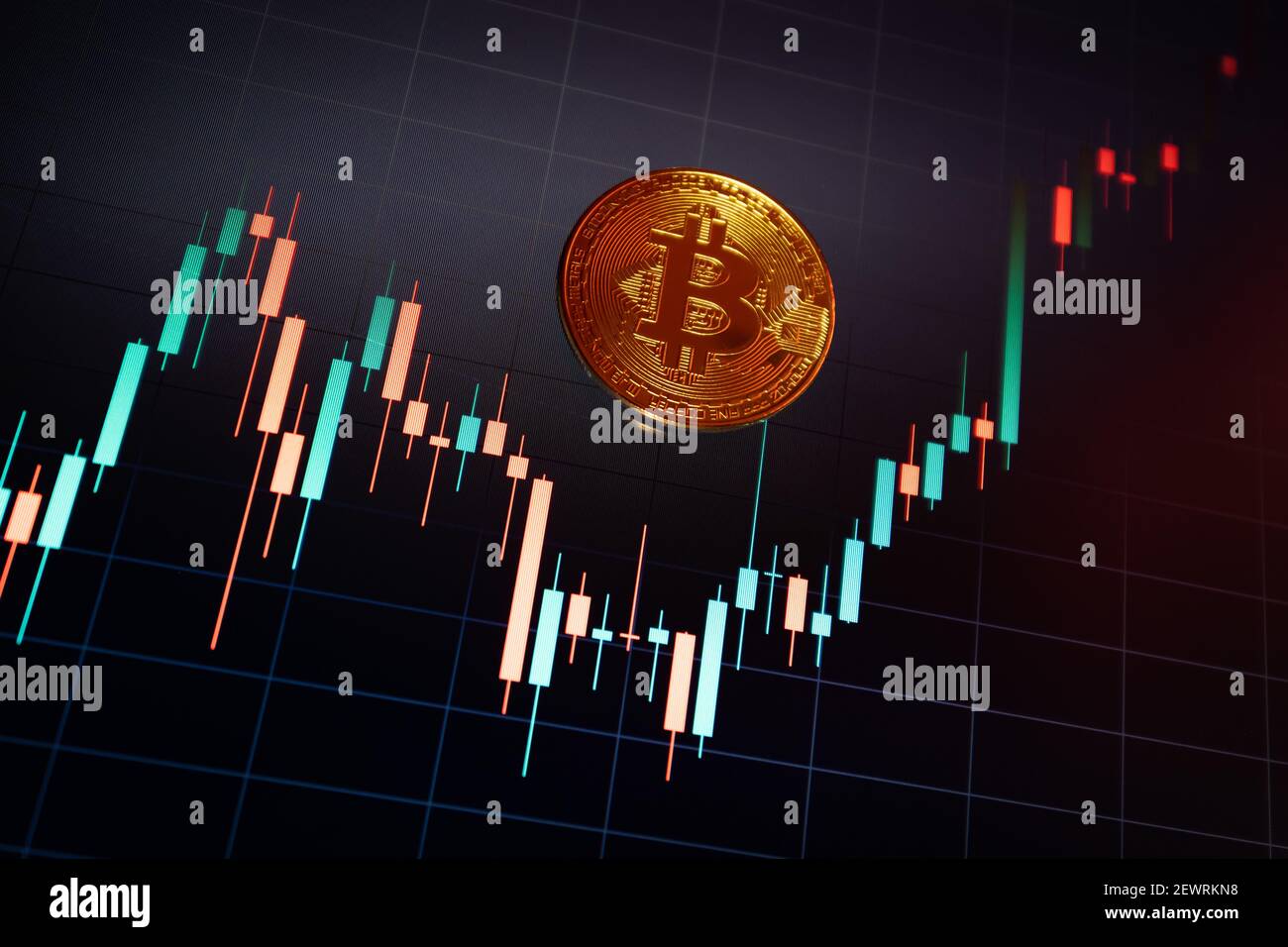 Bitcoin cryptocurrency coin on the background of the chart Stock Photo ...