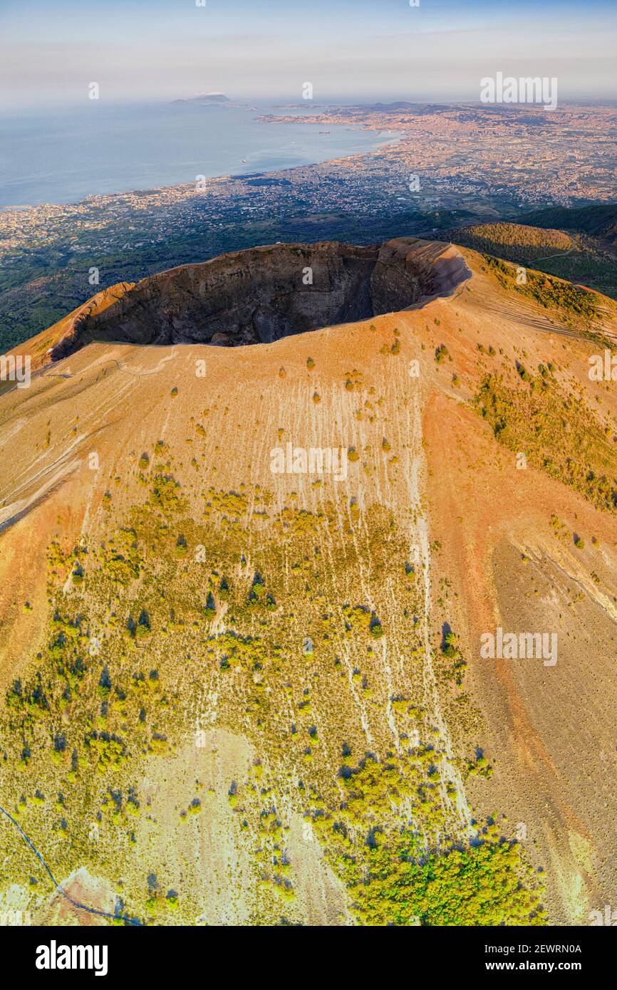 Aerial view of Vesuvius crater and Sorrento peninsula at sunrise ...