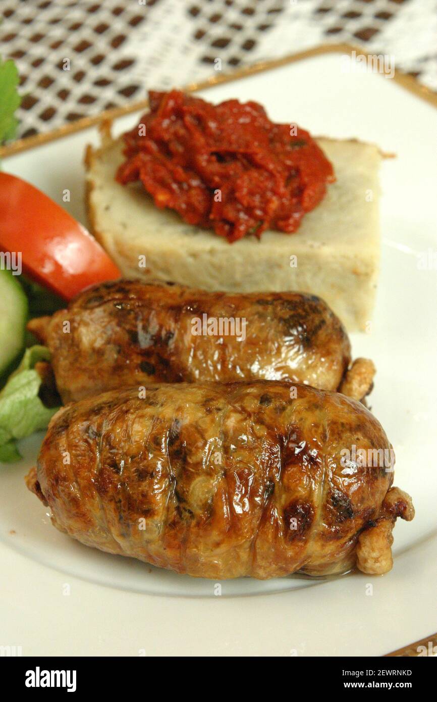 Traditional Jewish cuisine. Stuffed goose neck (gesi pipek) in the ...