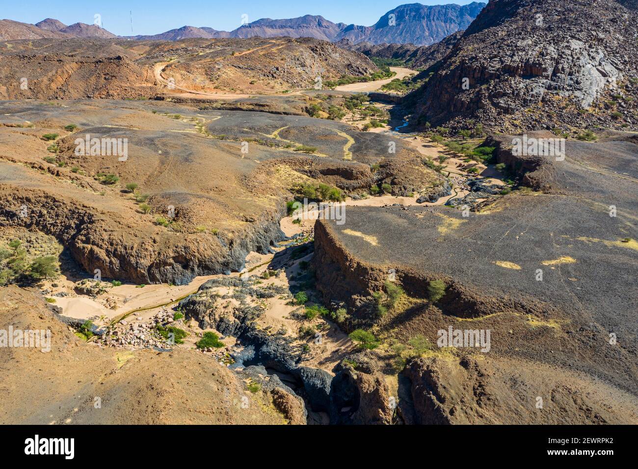 Aerial of the gorge over the Timia waterfall, Oasis of Timia, Air ...