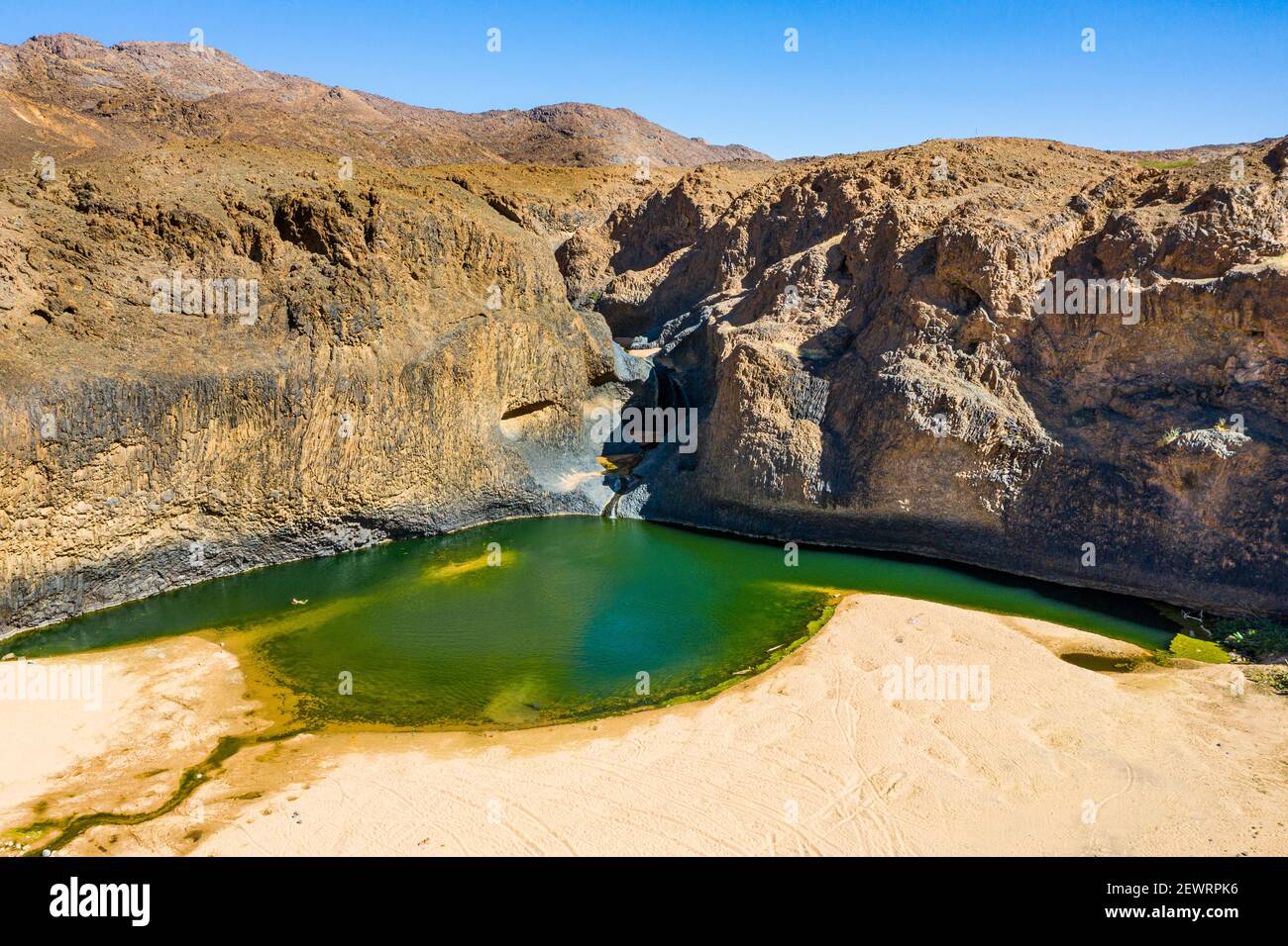 Aerial of the Timia waterfall, Oasis of Timia, Air Mountains, Niger ...