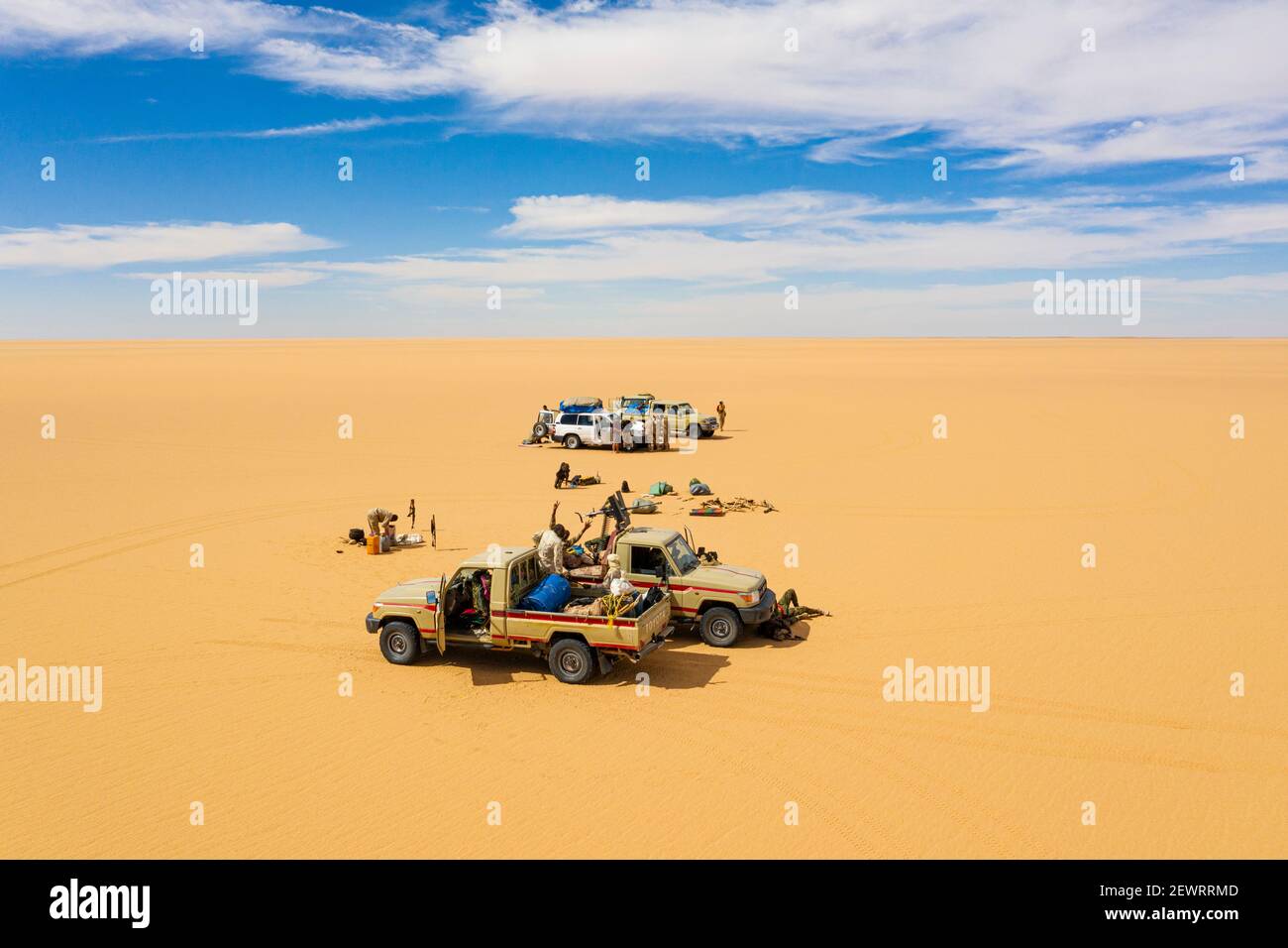 Aerial of people camping in the Tenere Desert, Sahara, Niger, Africa ...