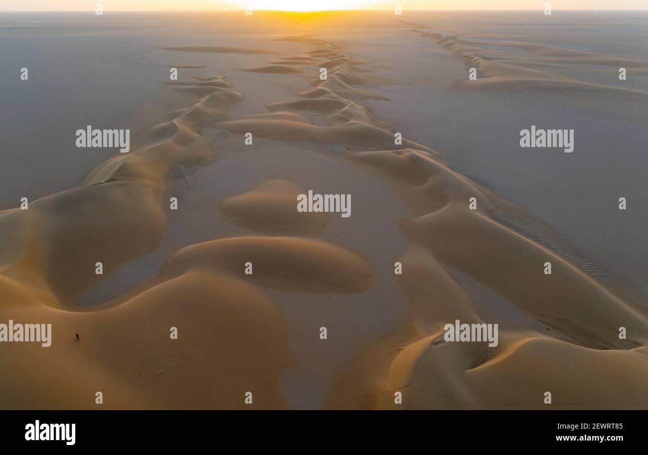 Aerials of sand dunes at sunset, Dirkou, Djado Plateau, Sahara, Niger ...