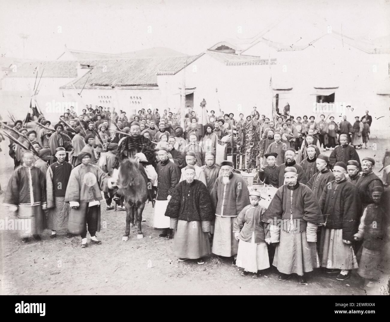 Vintage late 19th century photograph: Large Chinese crowd, high ranking ...