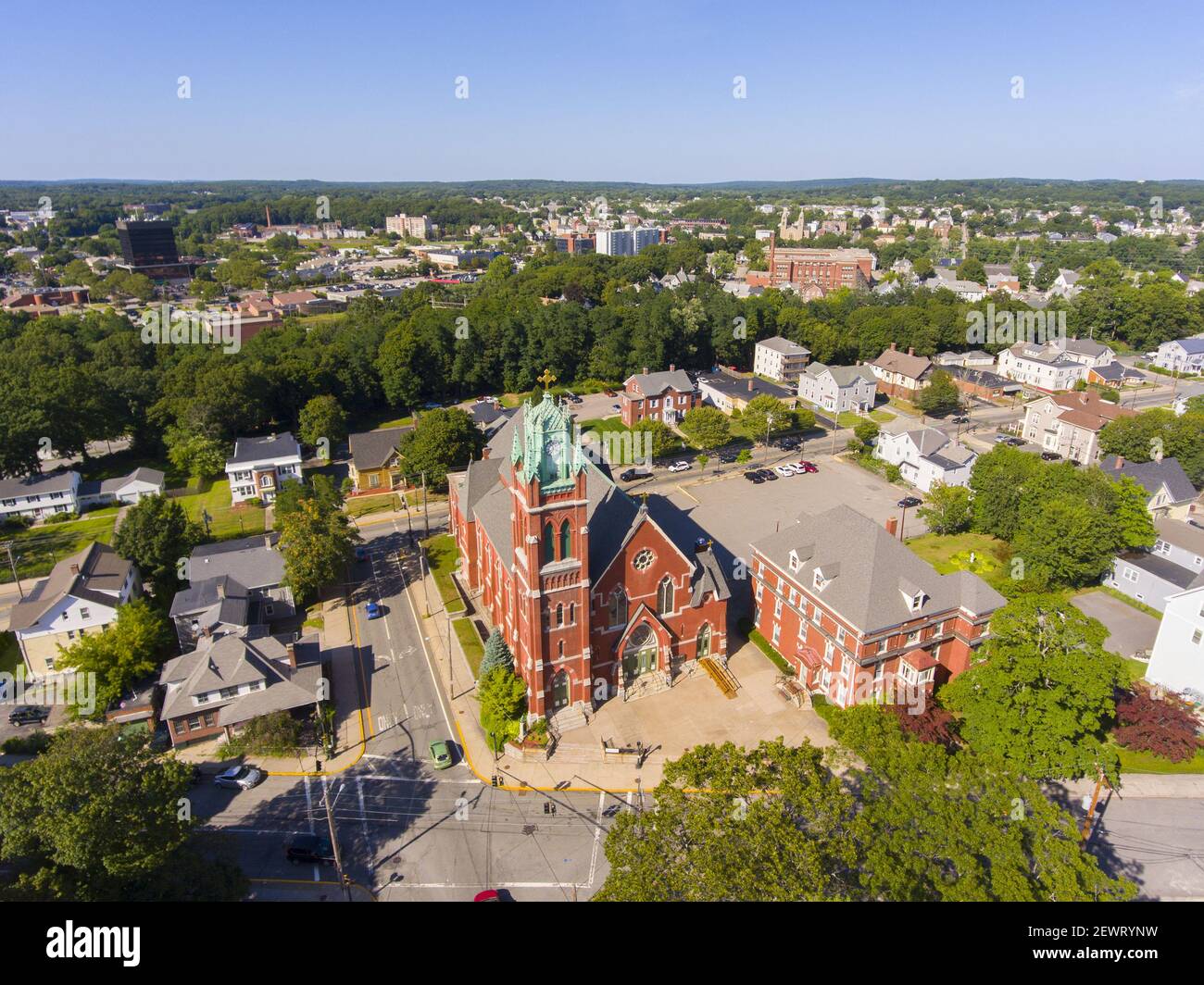Woonsocket Precious Blood Church aerial view in downtown Woonsocket ...