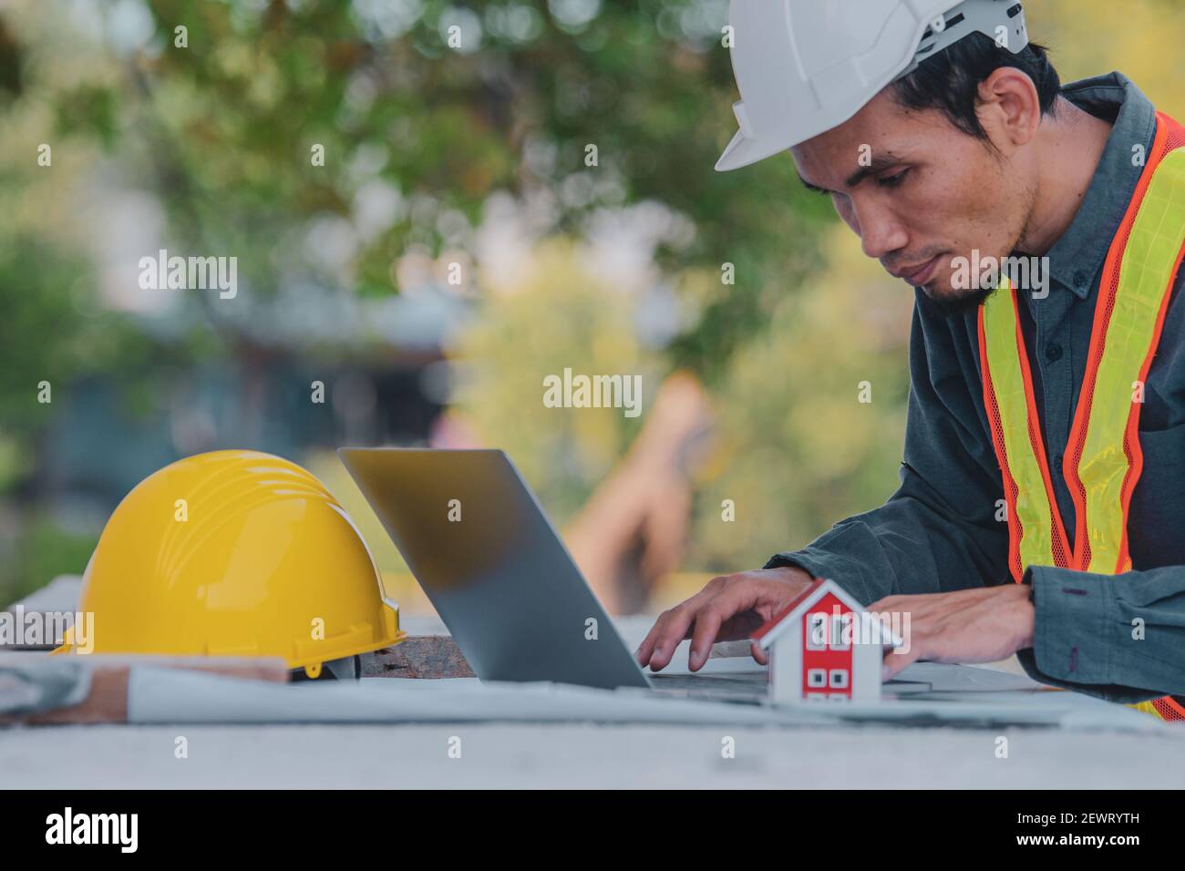 Architect worker Engineer soft focus work by laptop computer on site ...