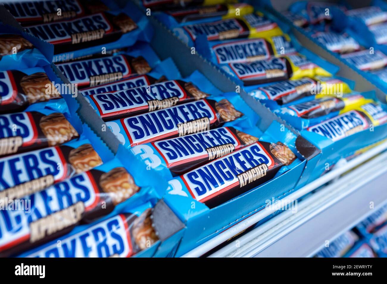 Tyumen, Russia-February 26, 2021: blue boxed snickers Crisper chocolate ...