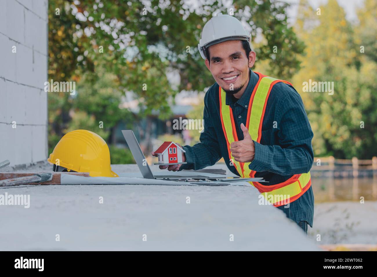 Architect worker Engineer soft focus work by laptop computer on site ...