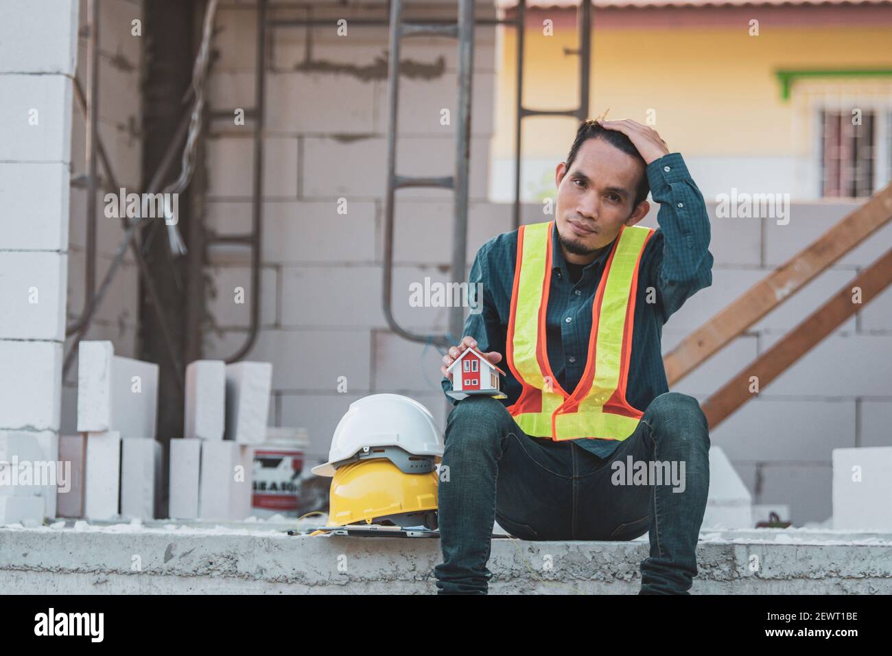 Worker employee work hard tried on site construction , Engineer ...