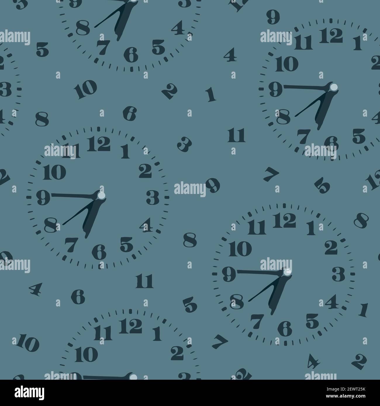 Seamless vector pattern with clock on blue background. Number, time ...