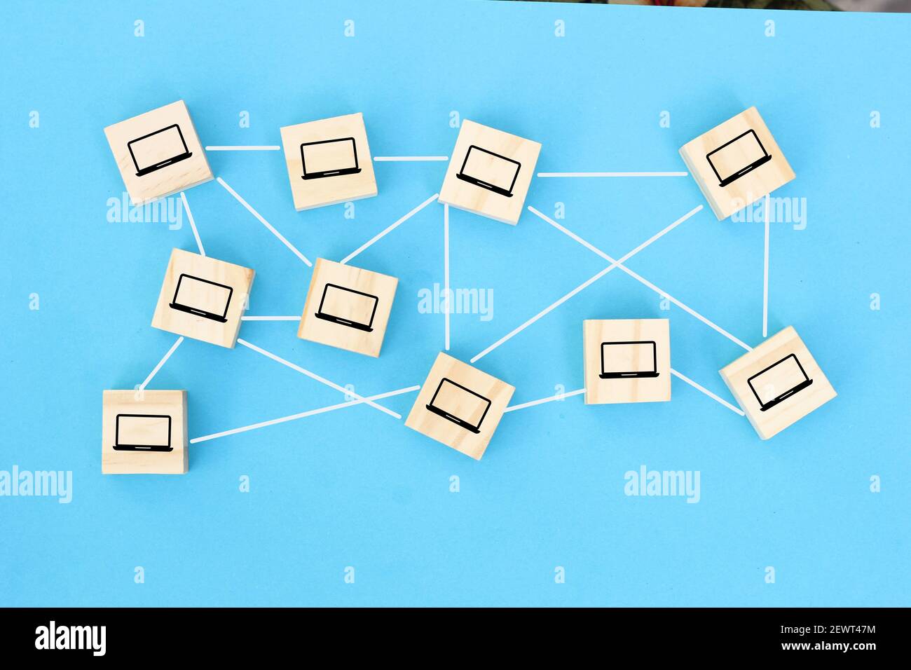 Concept of computer network or communication. Wooden cubes with ...