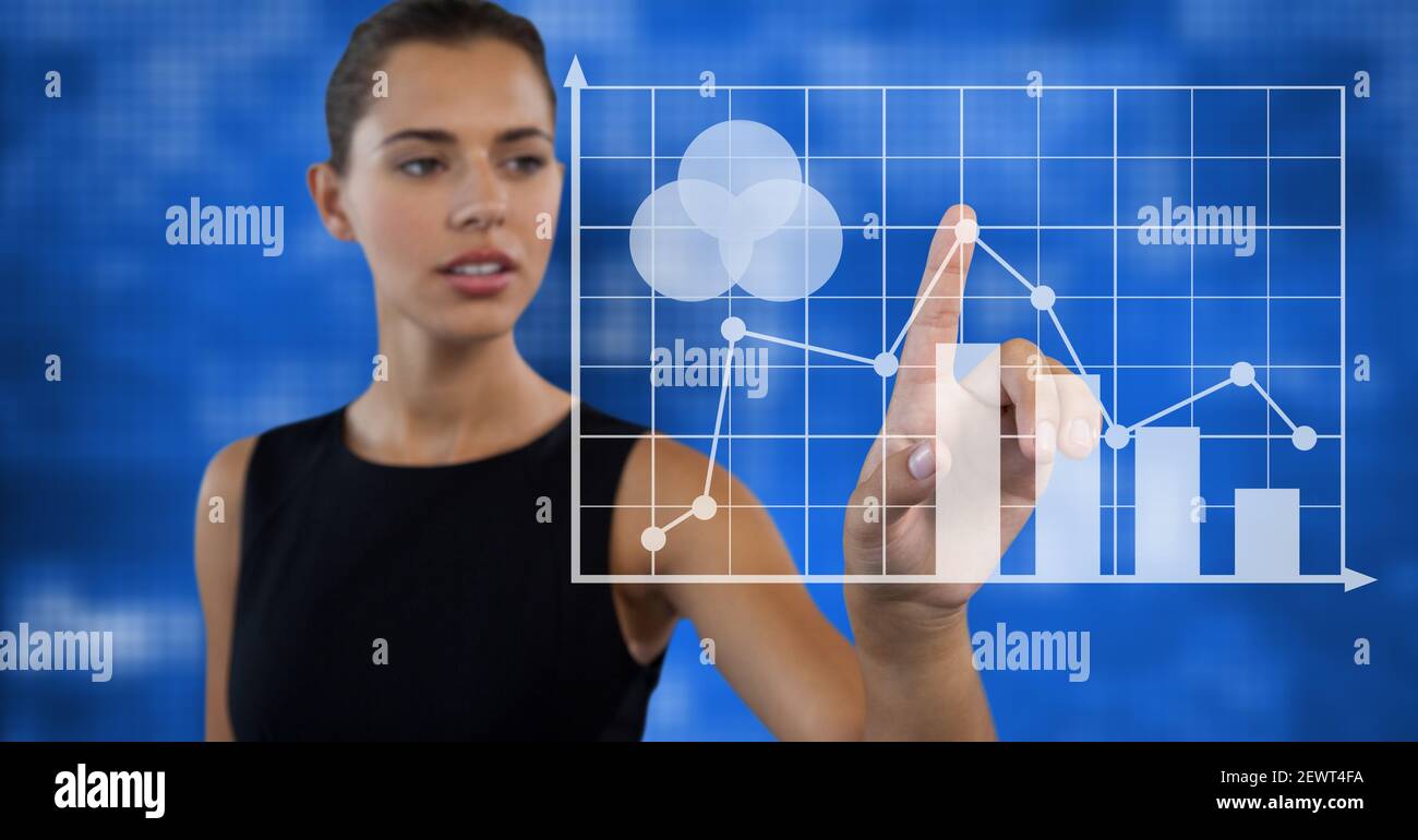 Financial data processing over woman using interactive digital screen ...