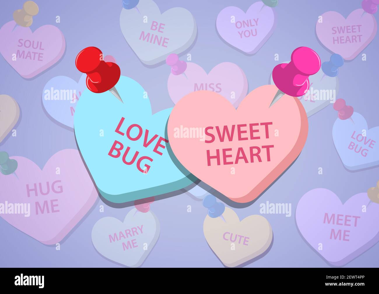 Love bug, sweet heart and valentine's text written on hearts on purple ...