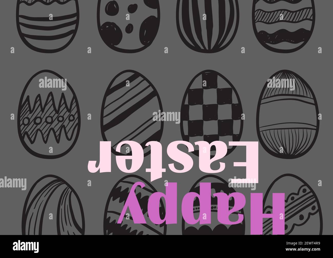 Happy easter text upside down with rows easter eggs on grey background ...