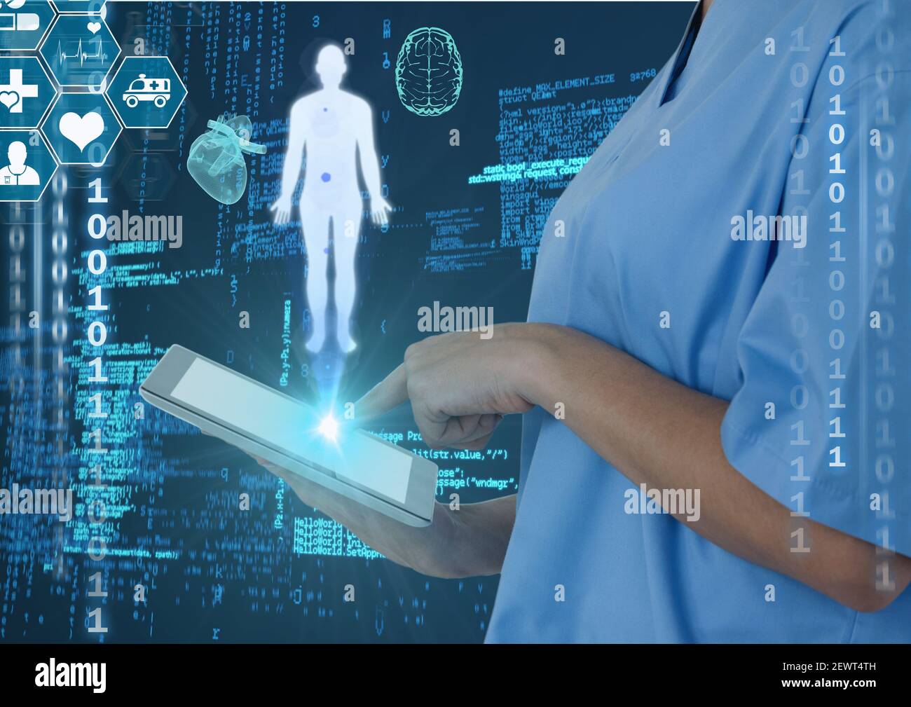 Scientific data processing with human body and icons over female doctor ...