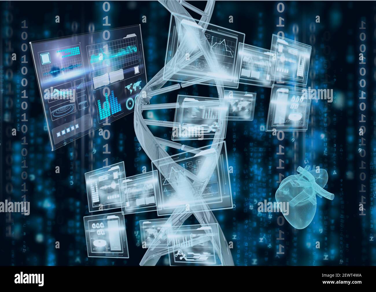 Scientific data binary coding processing with screens and dna strand on ...