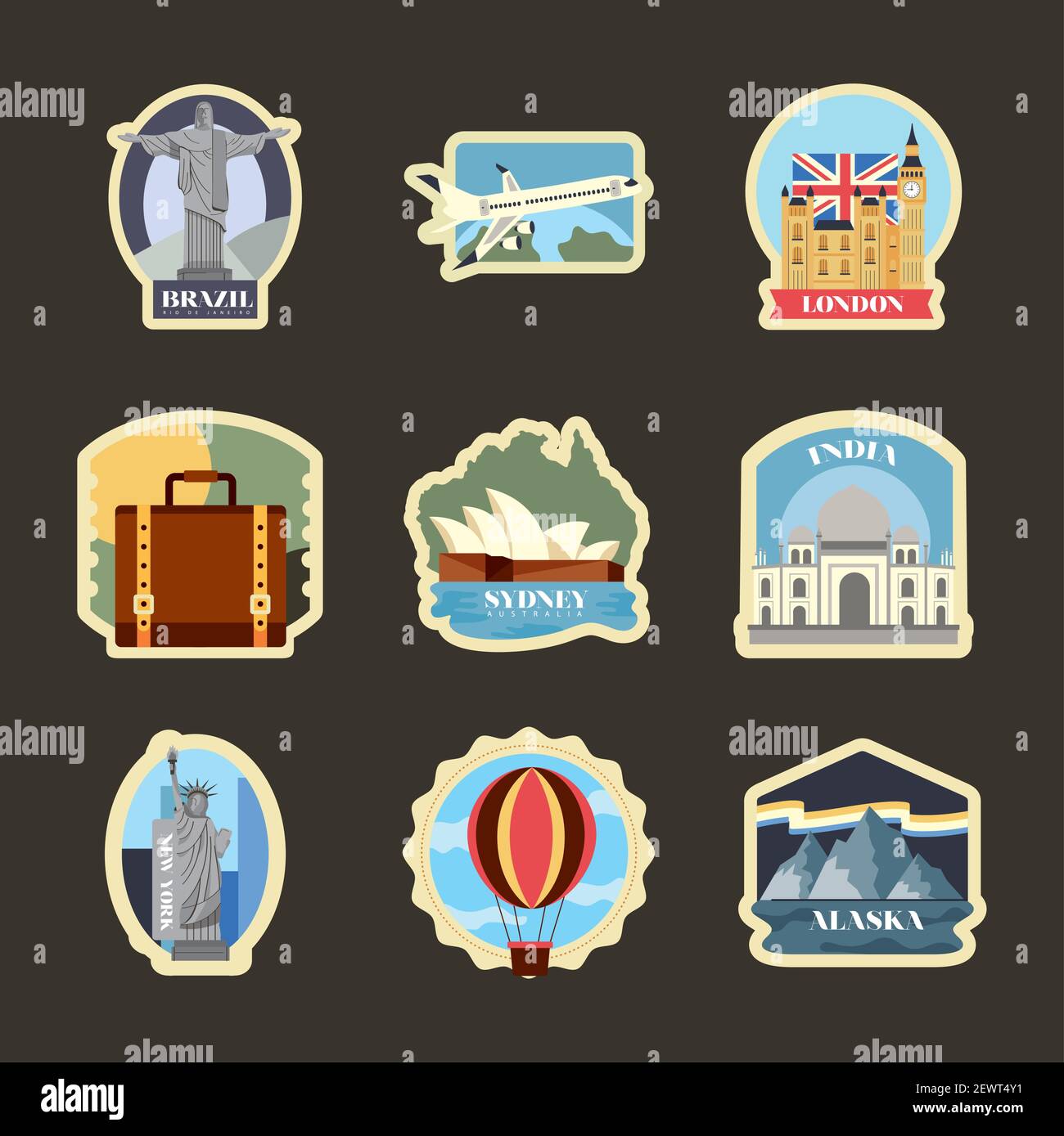 nine travel set monuments stickers Stock Vector Image & Art - Alamy