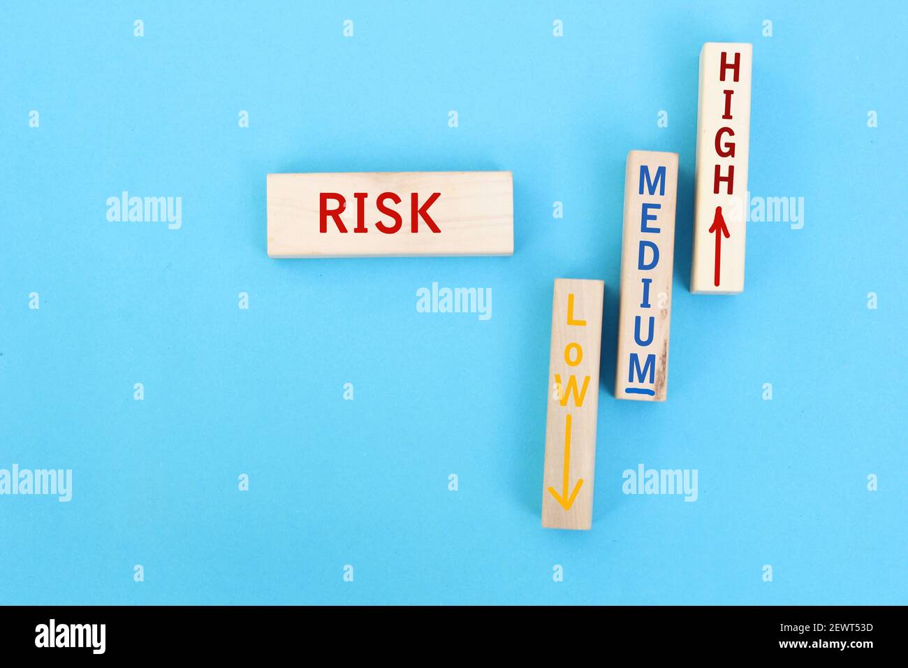 The words risk, medium, high and low written on wooden blocks with a ...