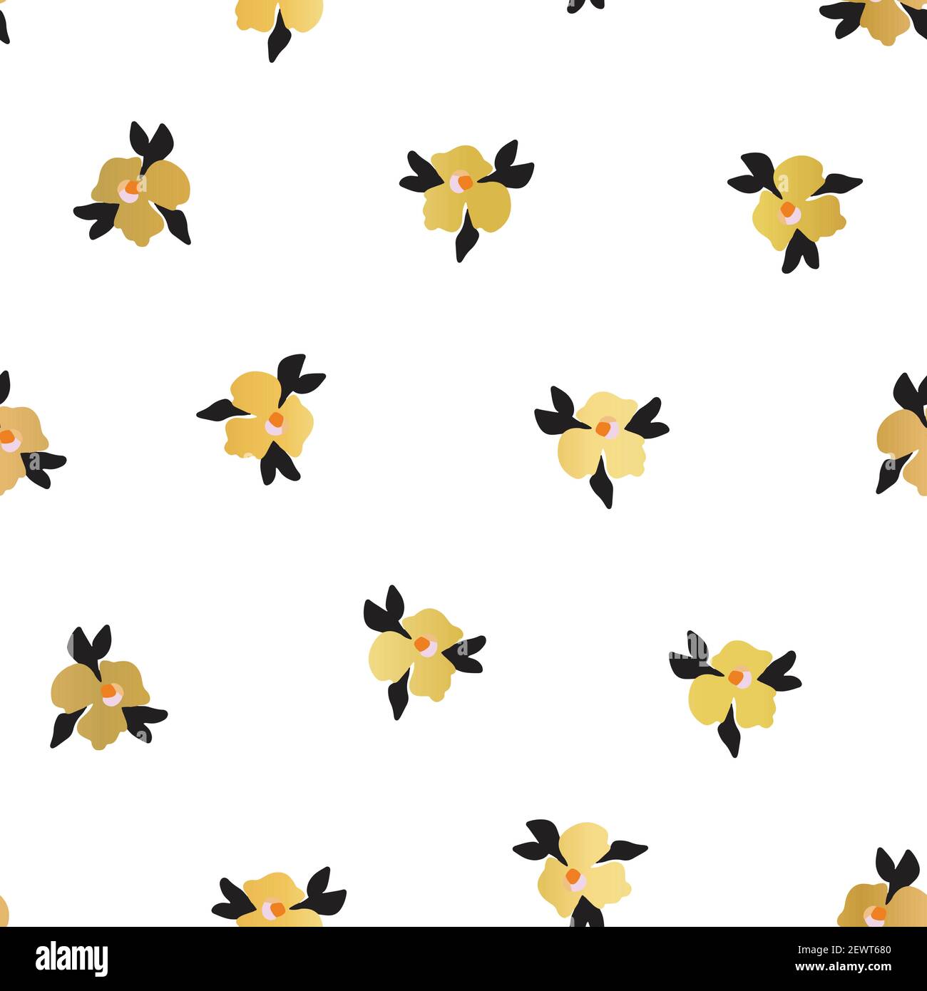 Gold foil ditsy flowers seamless vector pattern. Faux metallic golden ...