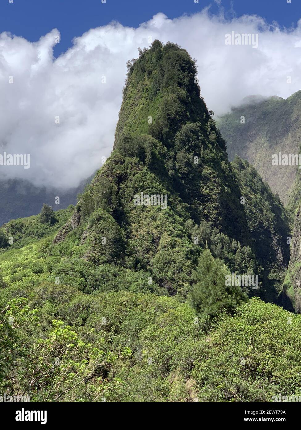 A green volcanic rock mountain landscape on the island of Maui, Hawaii ...