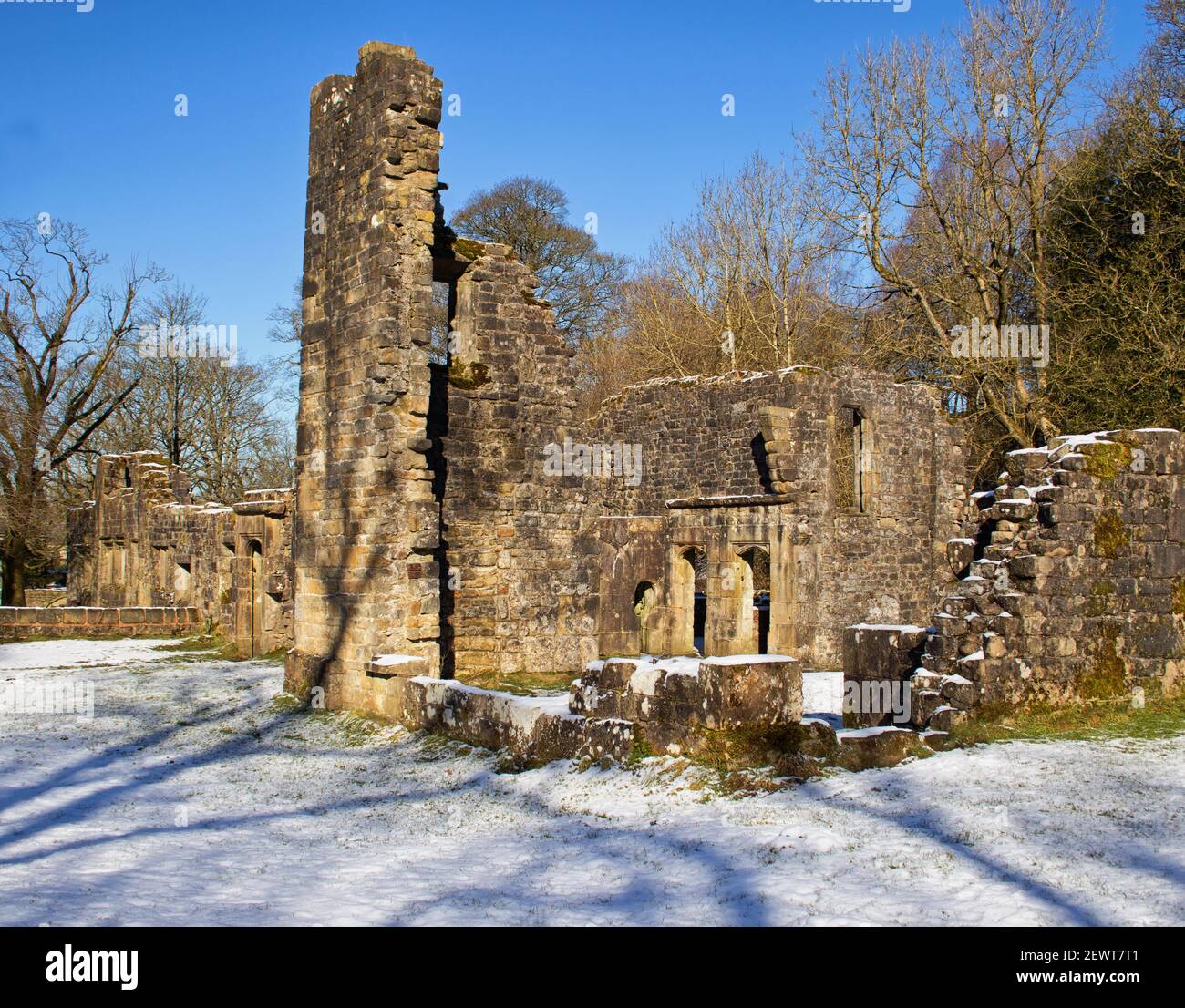 The ruins of Wycoller Hall, with snow in the foreground Stock Photo - Alamy