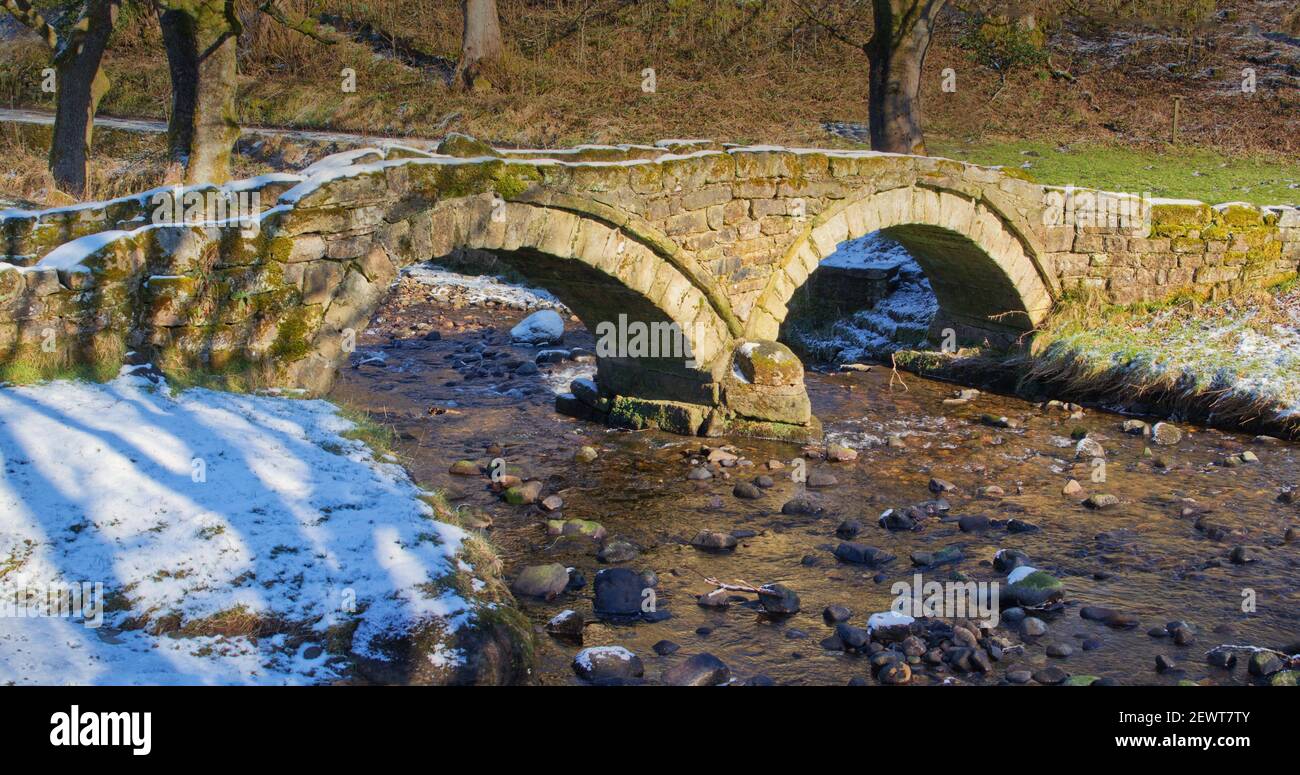A panoramic view of the pack horse bridge in Wycoller, Lancashire Stock ...