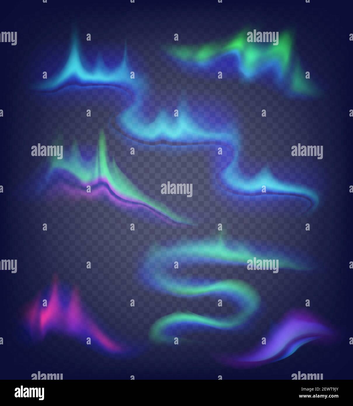 Realistic vector northern lights set. Amazing aurora borealis night polar sky on alpha ...