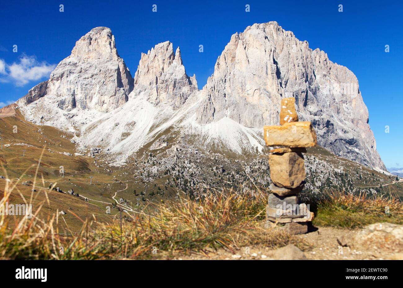 View of Sella Joch pass and mounts Langkofel, Plattkofel, Sassopiatto ...