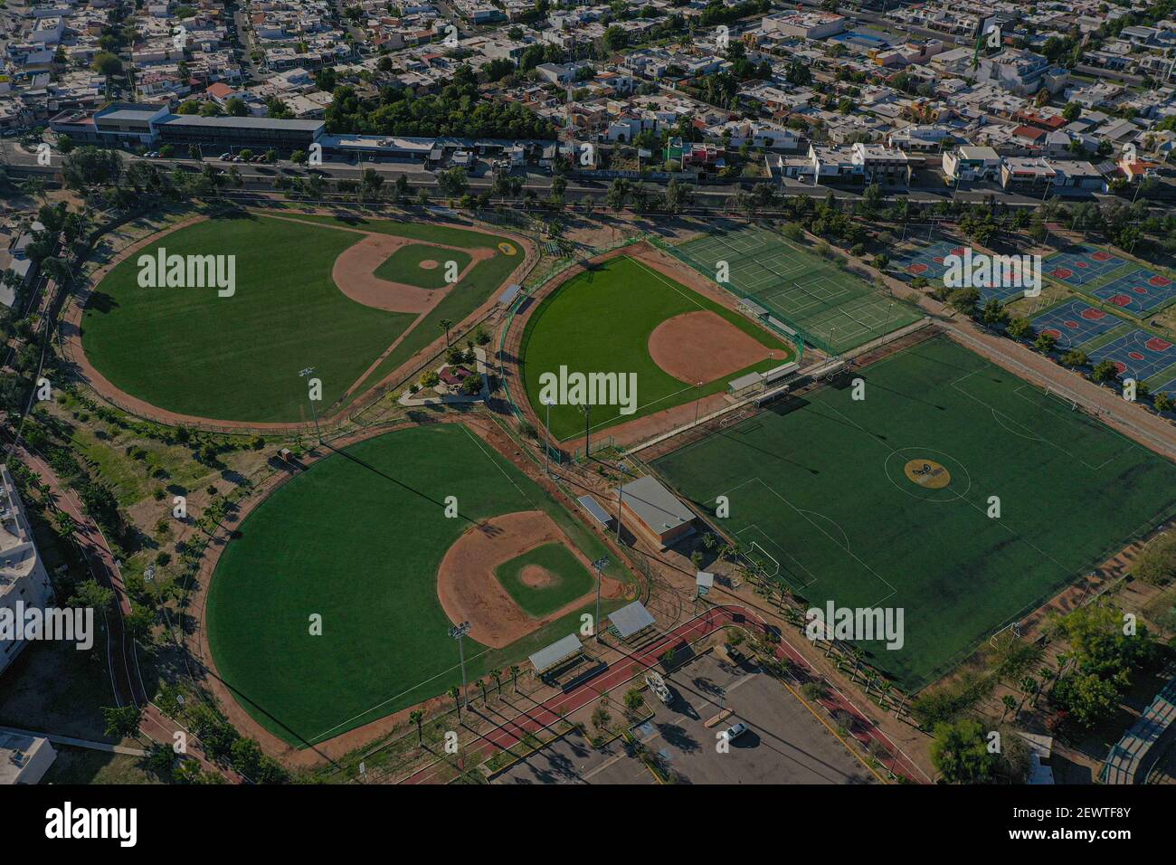 Aerial view of soccer and baseball sports fields of the University of ...