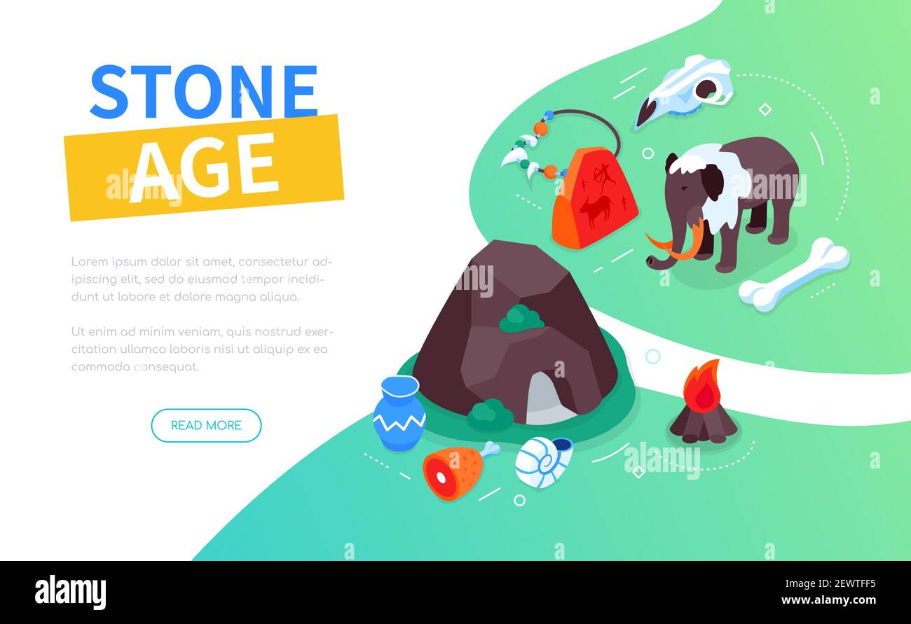 Stone age - modern colorful isometric web banner with copy space for ...