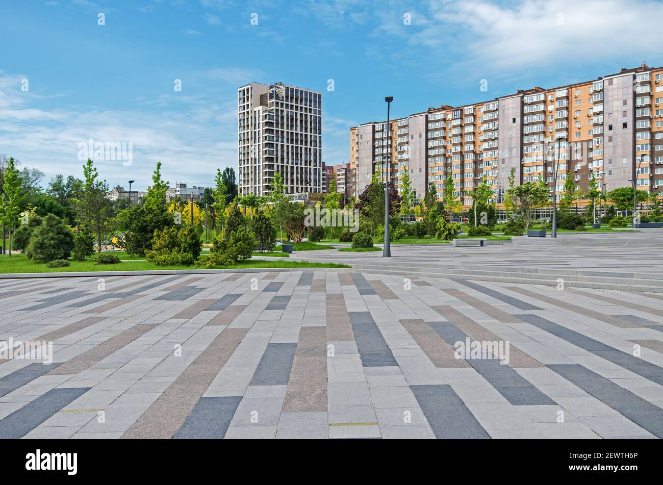 Courtyard area of a multi-storey residential complex on sunny spring ...