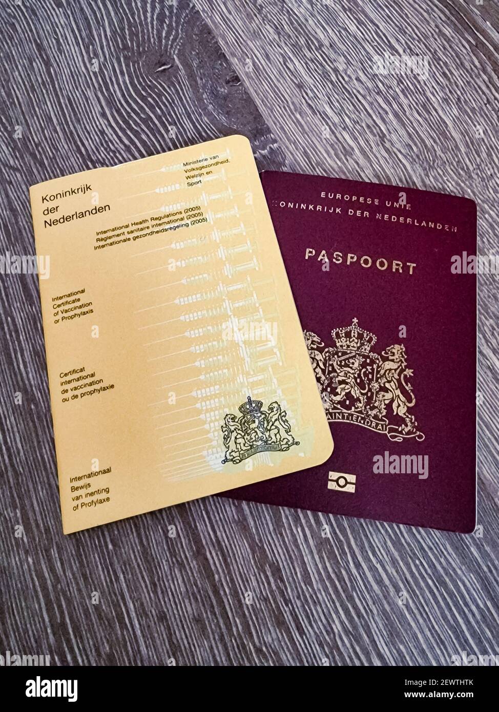 Yellow Vaccination Passport Of The Netherlands Dutch Passport Wooden Background Vaccination