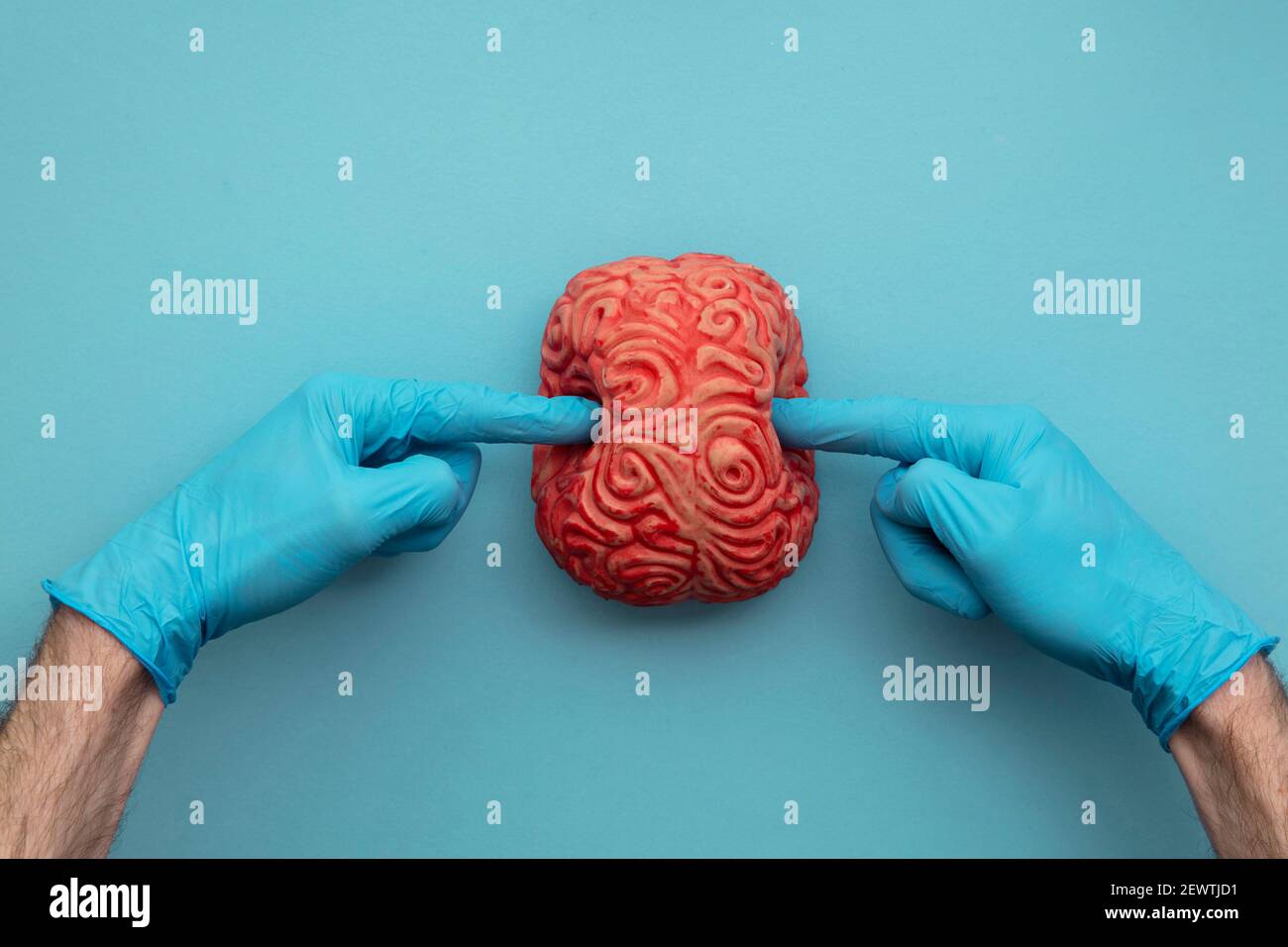 A doctor in blue gloves poking a brain. Mental health concept Stock ...