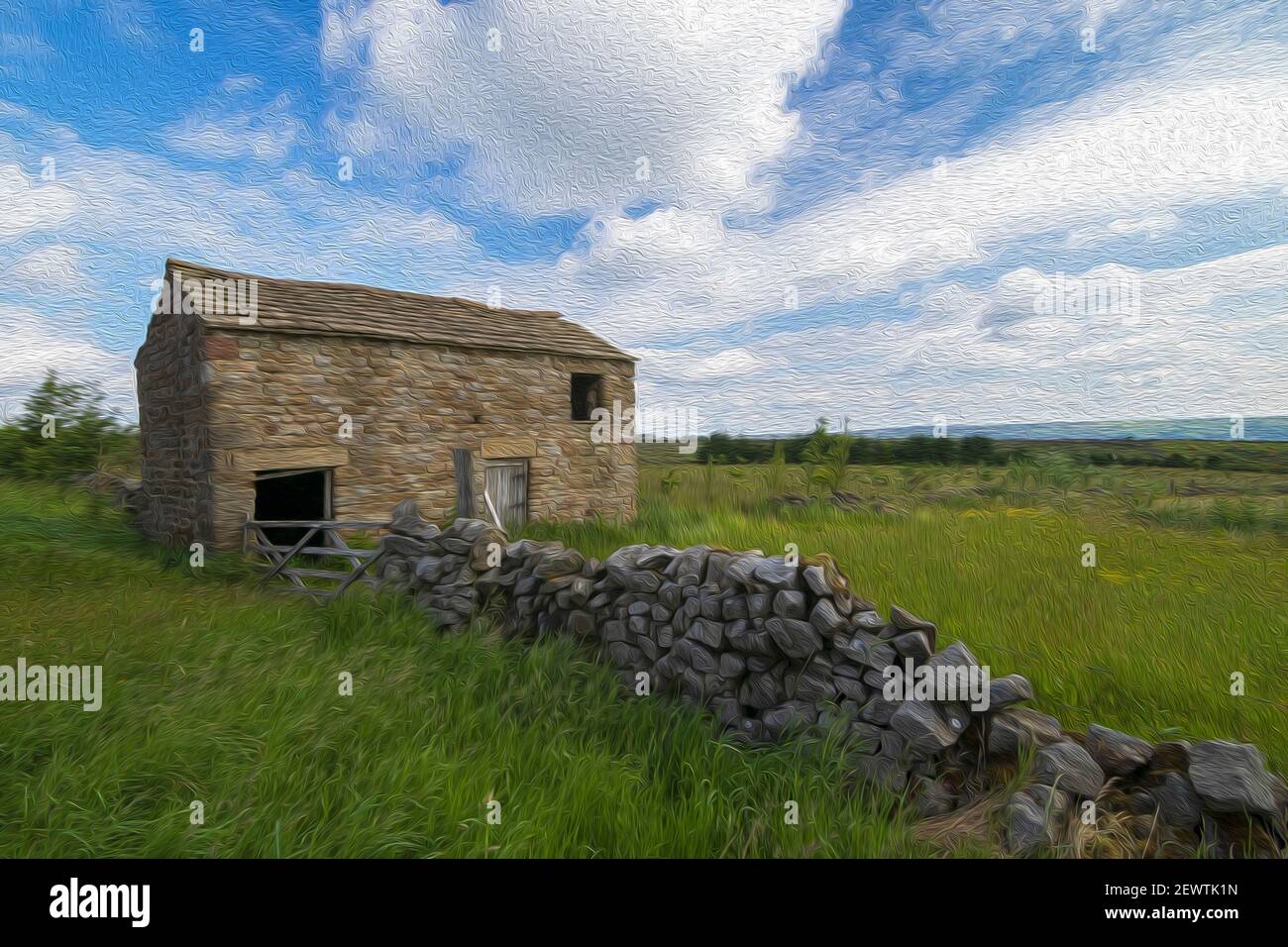 Old stone farm building next to a wooden gate and limestone wall ...