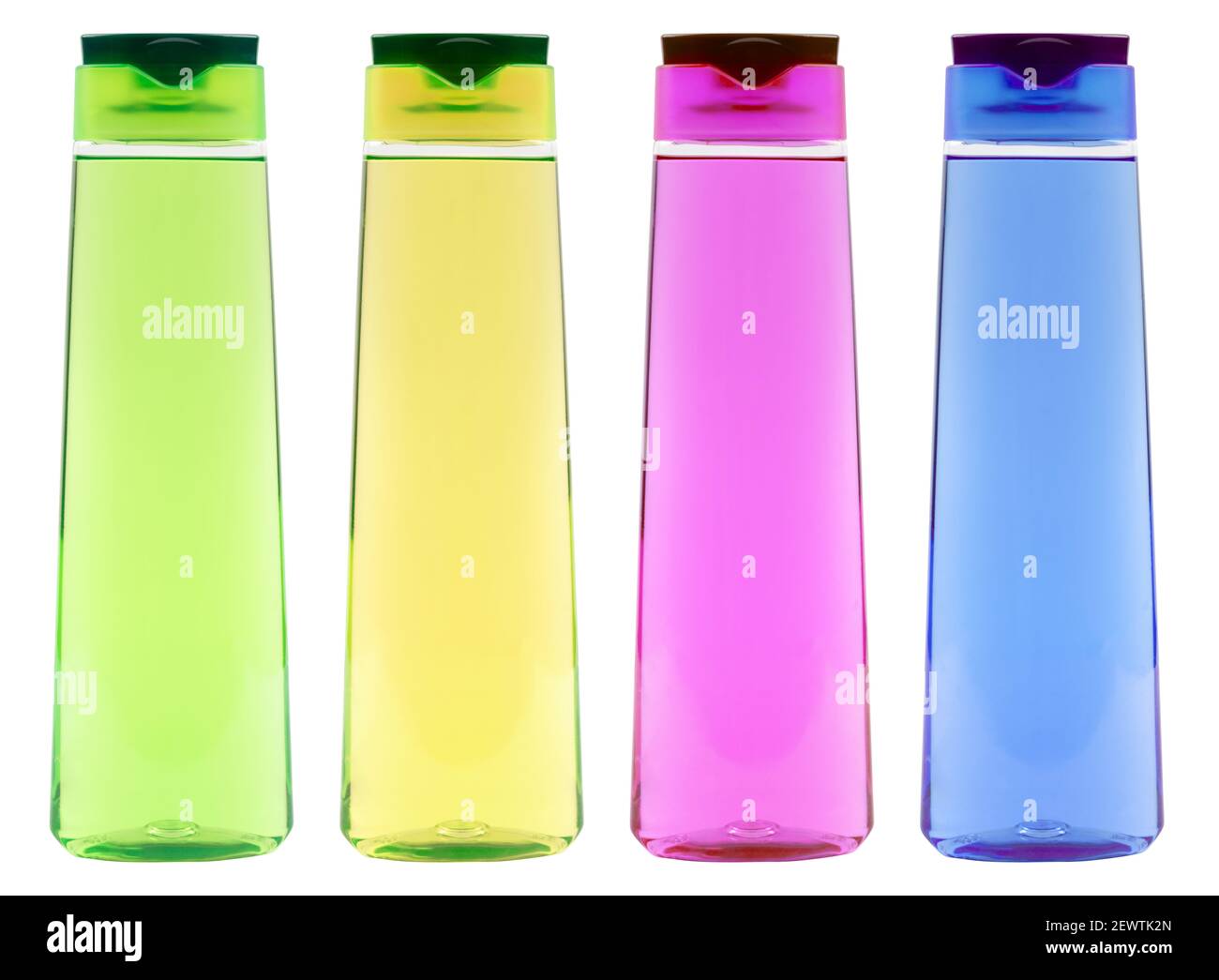 set of transparend clear colored shampoo bottles mockup isolated on ...