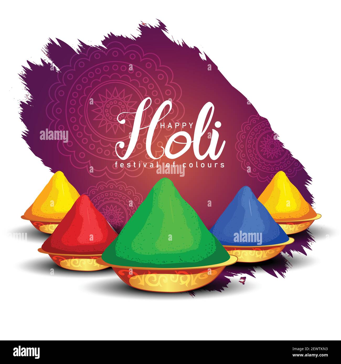 Happy Holi celebration greeting background with group of color plates ...