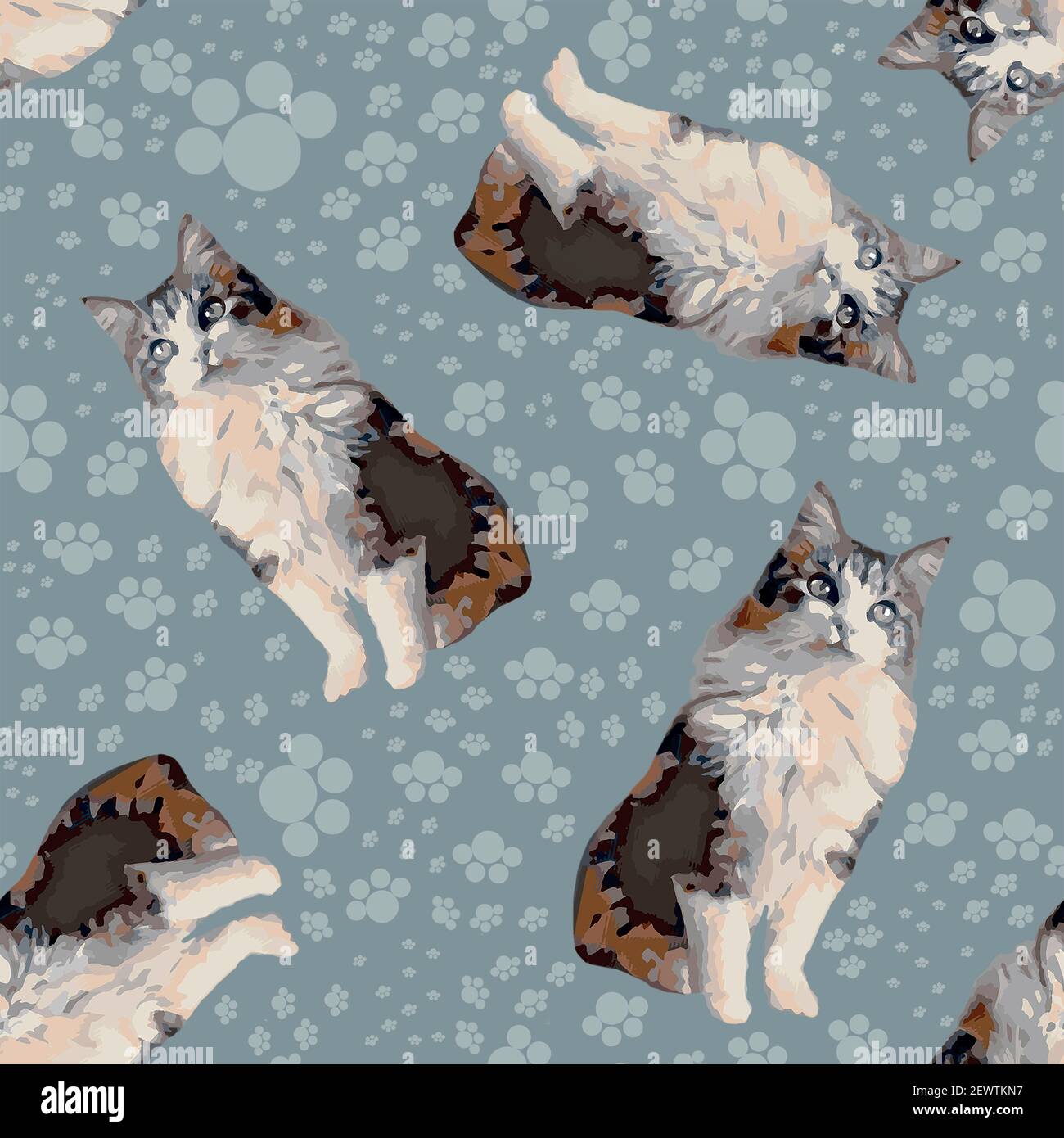 sweet fluffy cat illustration with a tri colour coat repeat pattern ...