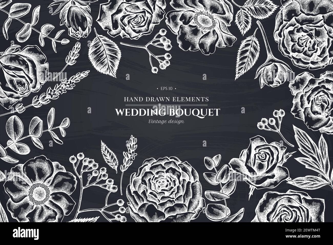 Floral design with chalk roses, anemone, eucalyptus, lavender, peony, viburnum Stock Vector ...