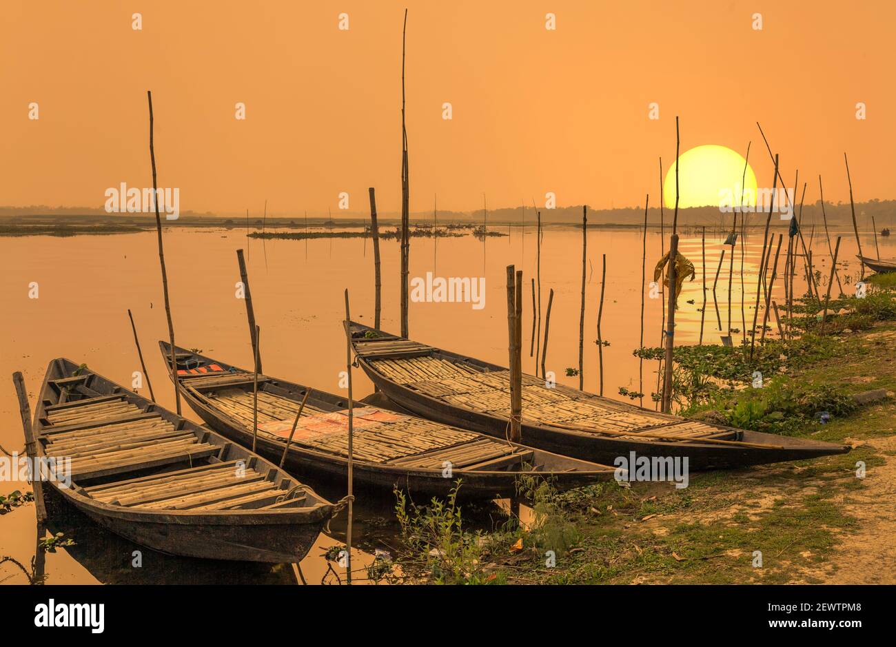Wooden fishing boats lined up at river bank at sunset at a rural ...
