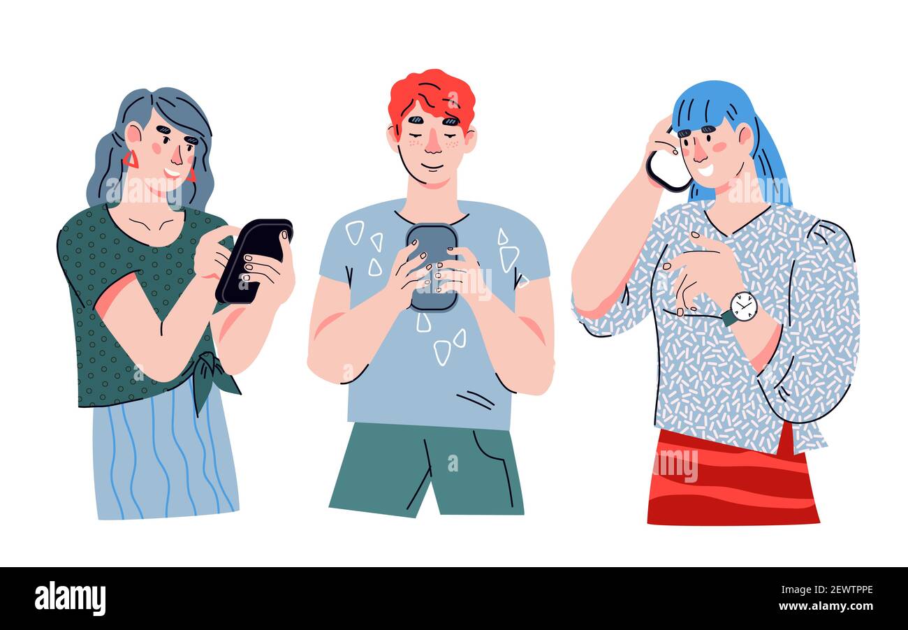 Young people holding smartphones, cartoon flat vector illustration ...