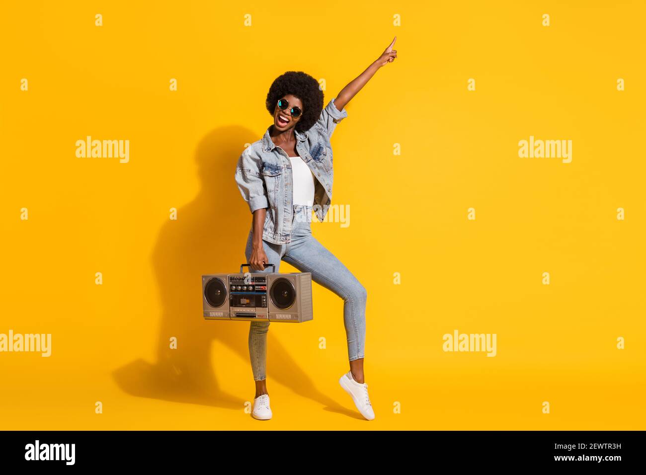 Full length photo of adorable lady wear casual denim outfit dancing ...
