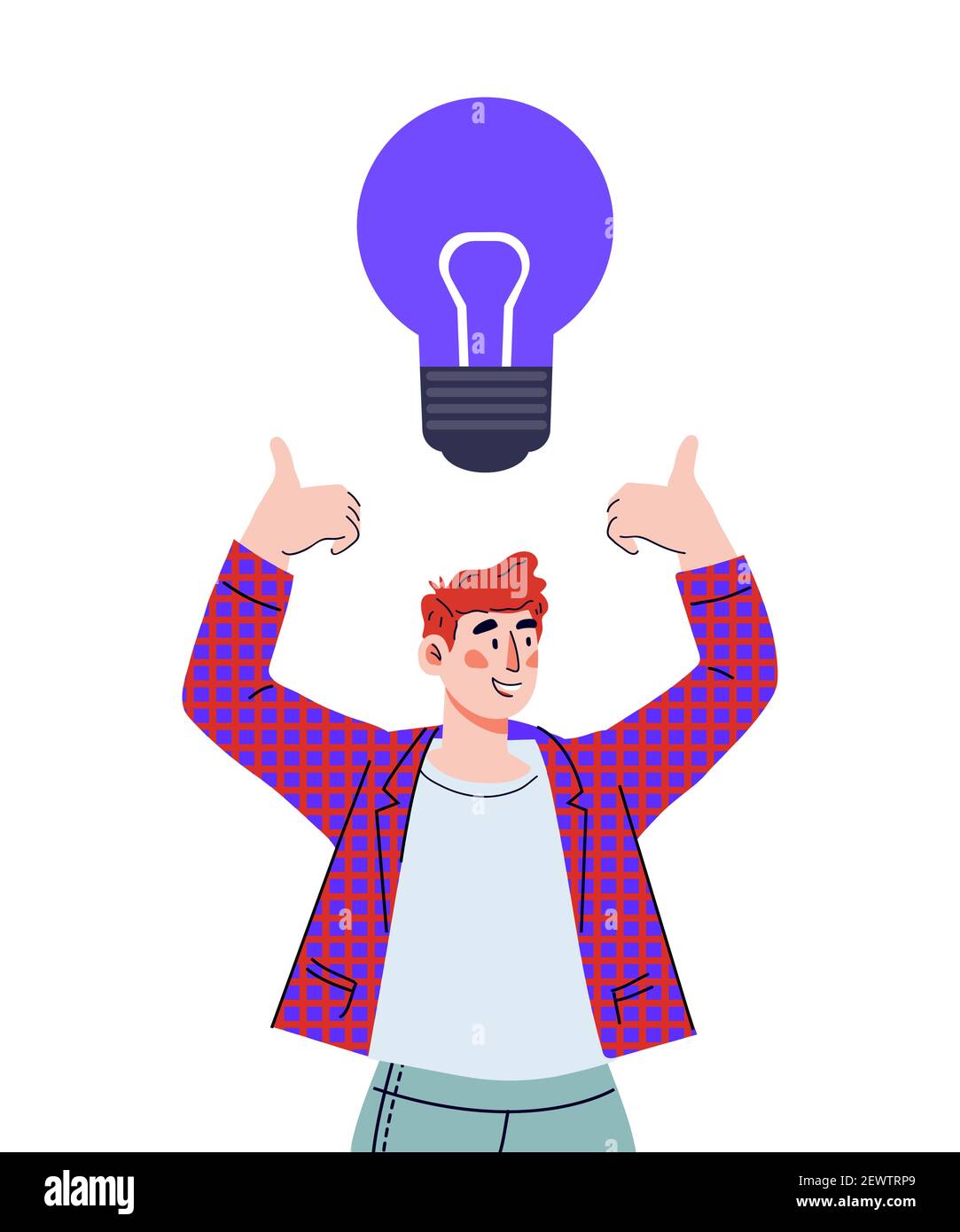 Young man holds a light bulb above his head as a sign of successful idea, innovation and ...