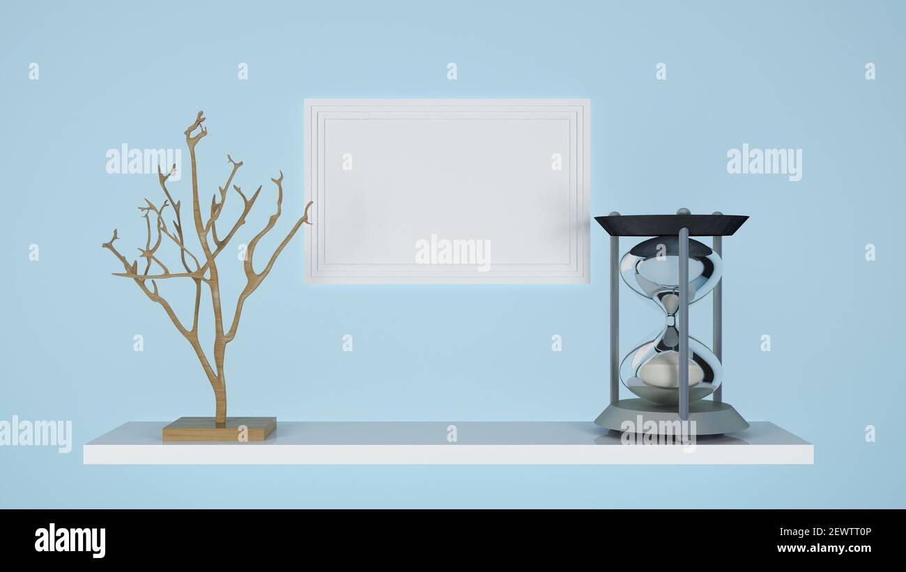 shelf with hourglass and picture frame. 3d rendering Stock Photo - Alamy