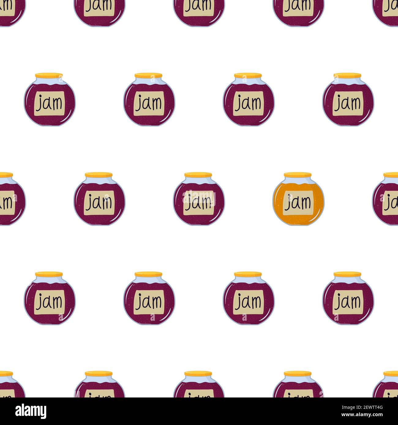 Cartoon seamless pattern for fabric design with jar of purple berry jam ...