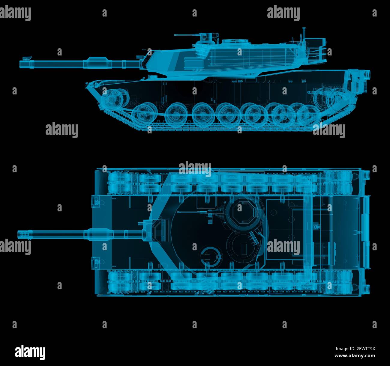 military tank top and side view in x-ray. 3d rendering Stock Photo - Alamy