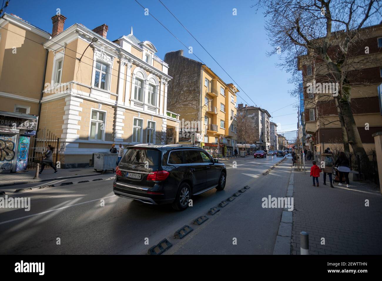 Sofia, Bulgaria - March 03, 2021: Car traffic on Georgi S. Rakovski Street. Shopping street in ...