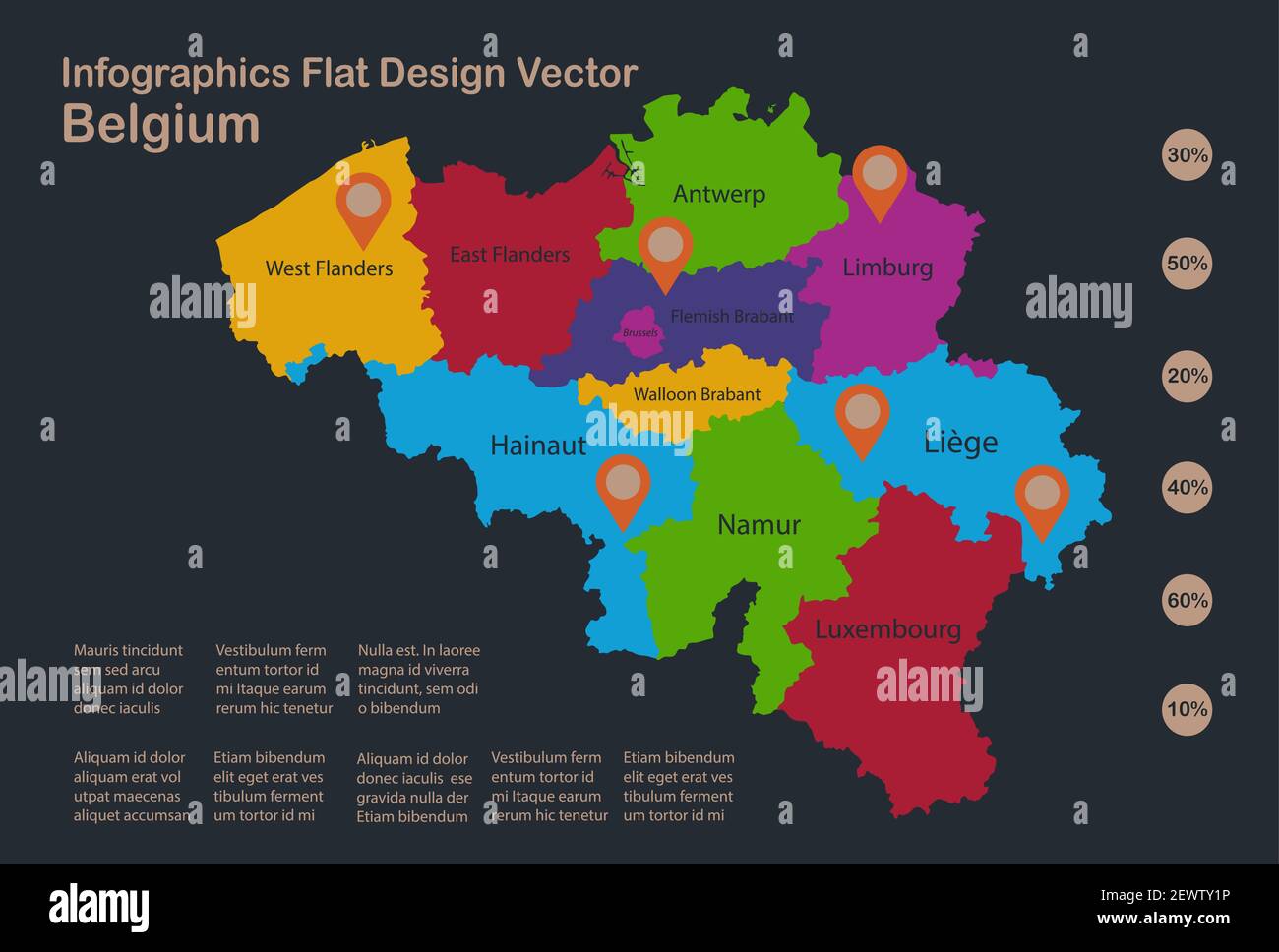 Infographics Belgium map, flat design colors, with names of individual ...